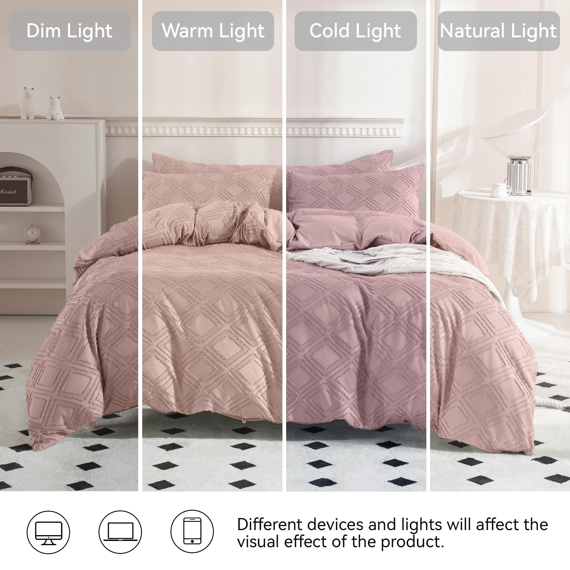 JELLYMONI Pink Duvet Cover King Size - Microfiber Tufted Duvet Cover Set, Boho Textured Duvet Cover Jacquard Rhombus Geometric Pattern Duvet Cover with Corner Ties & Zipper Closure
