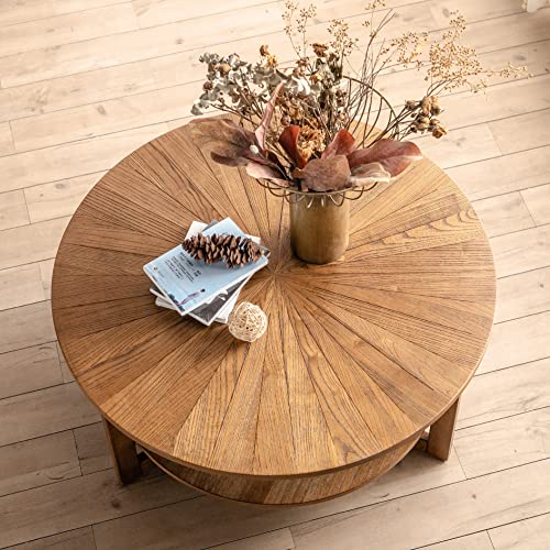 Gexpusm Round Coffee Table, Wood Coffee Tables for Living Room, Natural Wood Coffee Table with Storage, Center Large Circle Coffee Table, 35.3x35.3x17.8in