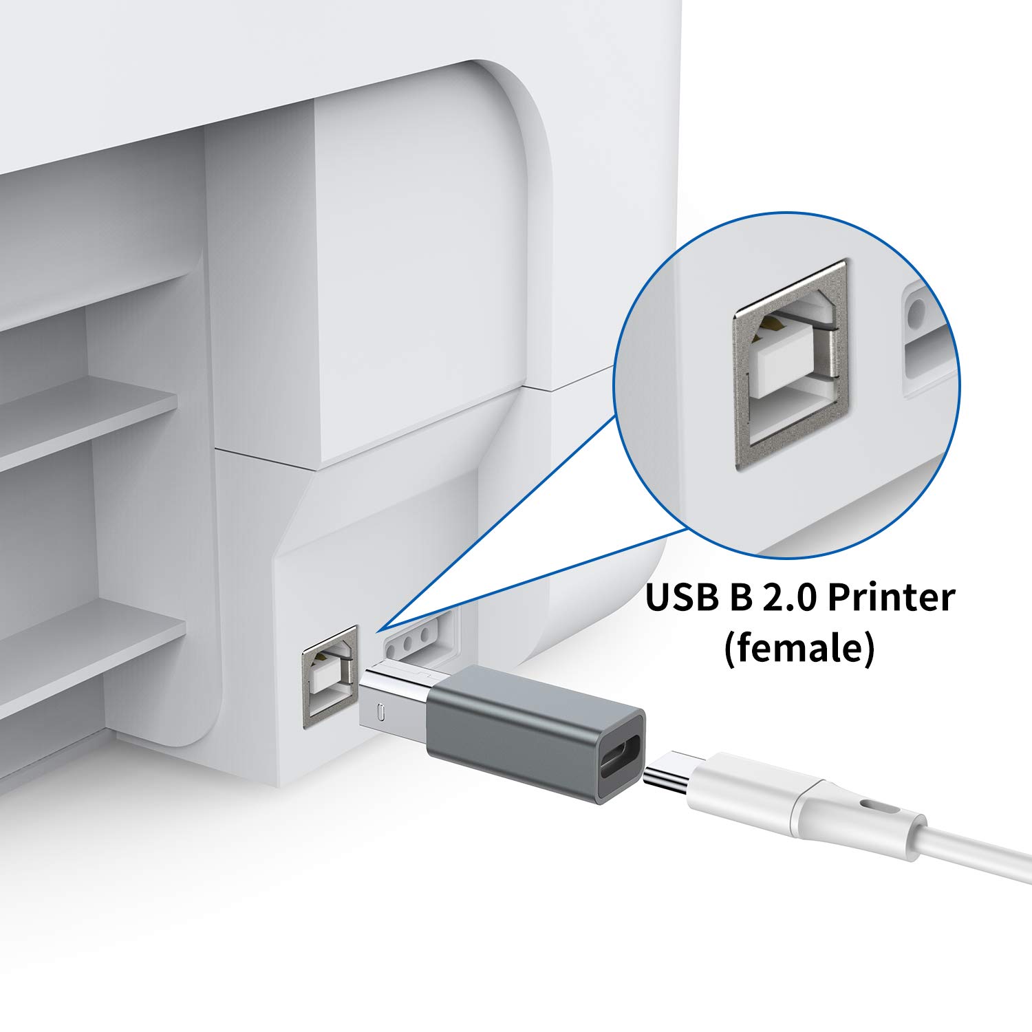 USB C Female to Printer Male Adapter (2-Pack), USB Type C to USB B Convert Connector Support Data Sync Compatible with Brother HP Canon Lexmark Epson Dell Xerox Samsung etc and Piano DAC (Grey)