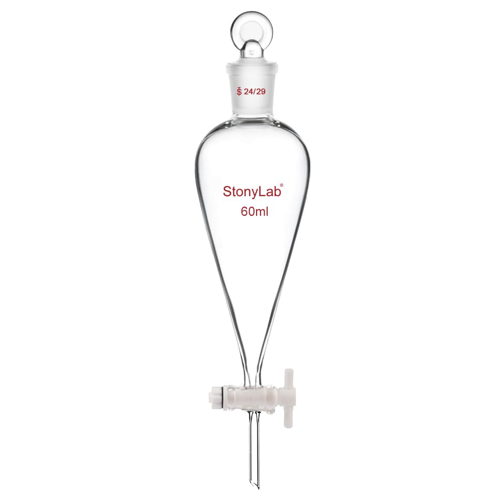 StonyLab PTFE Stopcock Separatory Funnel 60ml, Borosilicate Glass Heavy Wall Conical Pear-Shaped Separatory Funnel Separation Funnel with 24/29 Joint