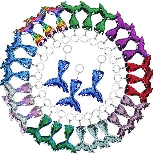 Ameolela Mermaid Party Favors, 30 Pack Flip Sequin Glitter Tails Mermaid Tail Keychains, Birthday Party Supplies Gifts Decorations for Kids Girls,10 Colors