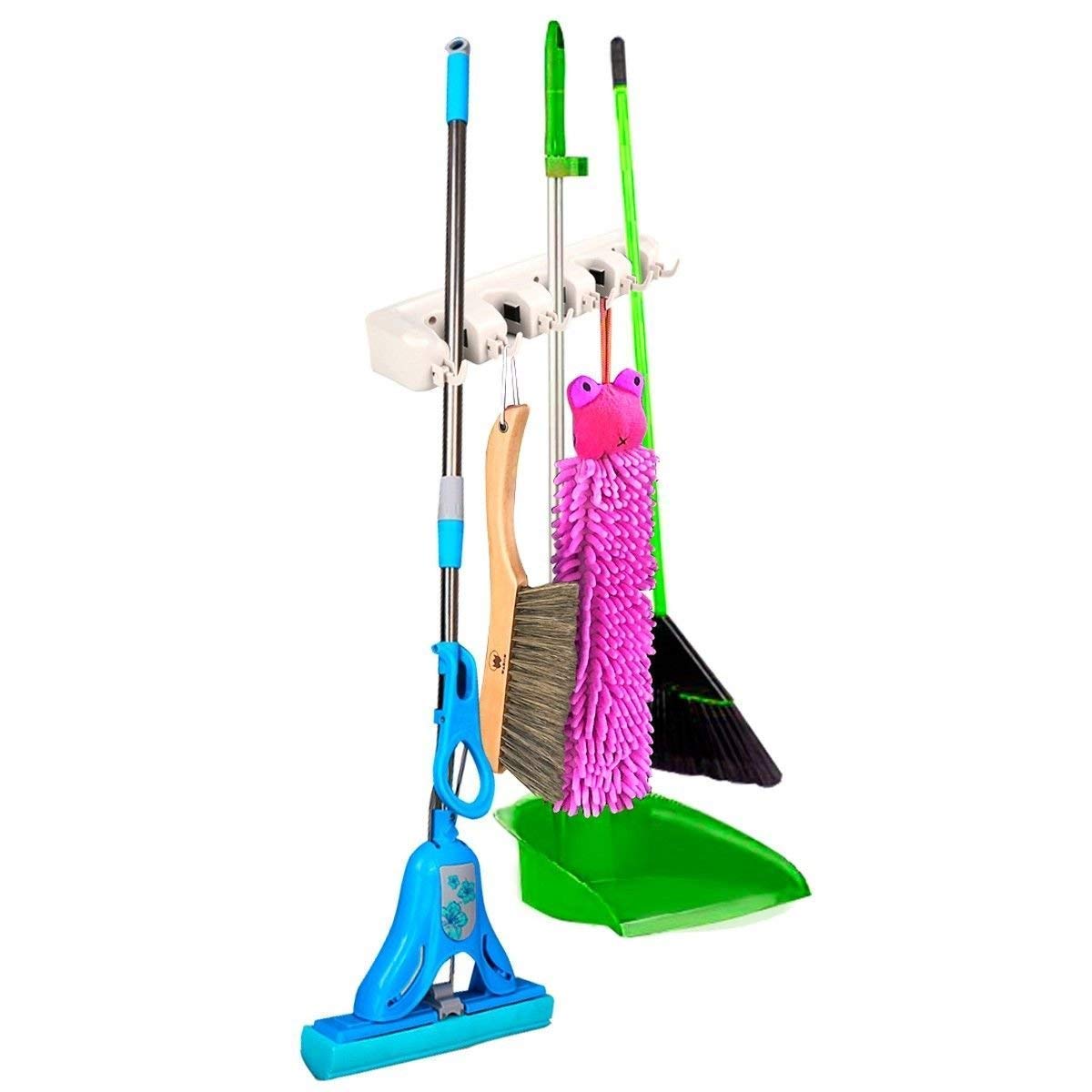 GOFLAME Mop Broom Holder 5 Position 6 Hooks Home Kitchen Broom Storage Tool Organizer Wall Mounted Organizer-Mop,White