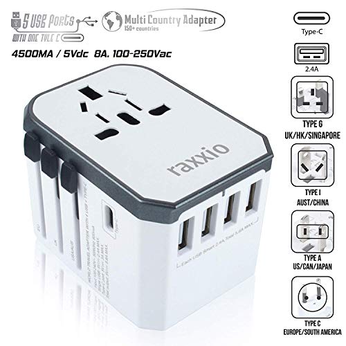 Raxxio Universal Travel Adapter, International Smart Power Plug with 2.4A 4 USB Ports Adapter, Converter for US, Canada, UK, Europe, AU, Asia (Type C USB White)