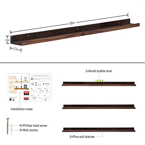 AZSKY 36 Inch Wall Mounted Floating Shelves for Home Decoration,Picture Display Wall Ledge Shelf for Bedrooms,Office,Living Room, Kitchen, Deep Walnut Wood Wall Shelf,3 Same Sizes