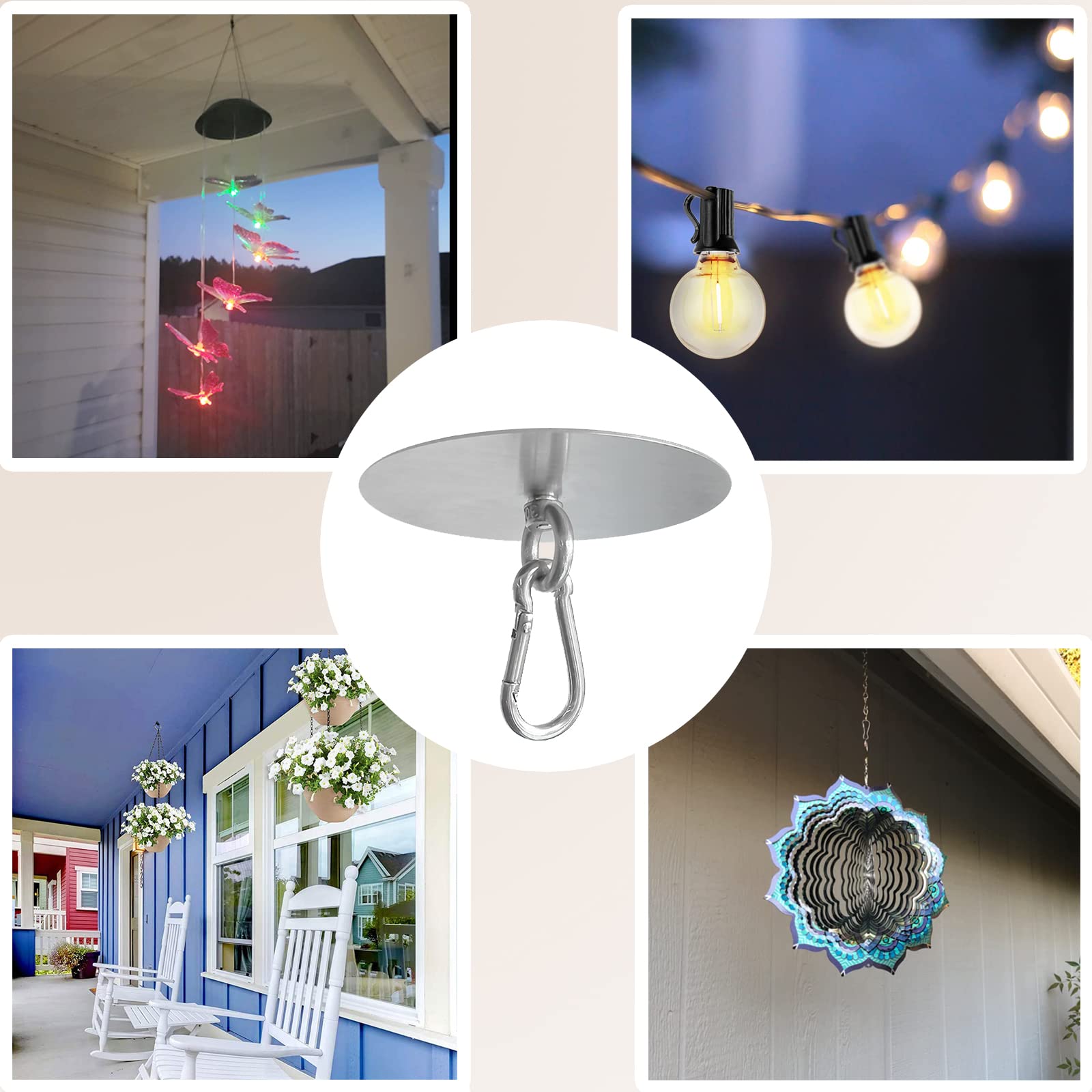 Adhesive Ceiling Hooks Stainless Steel Sticky Pad Eye Plate Snap Hooks Wall Hooks Wind Chime Hanger for Hanging Plants Wind Spinners Decorations in Bathroom Kitchen Porch RV Nail-free No Drill