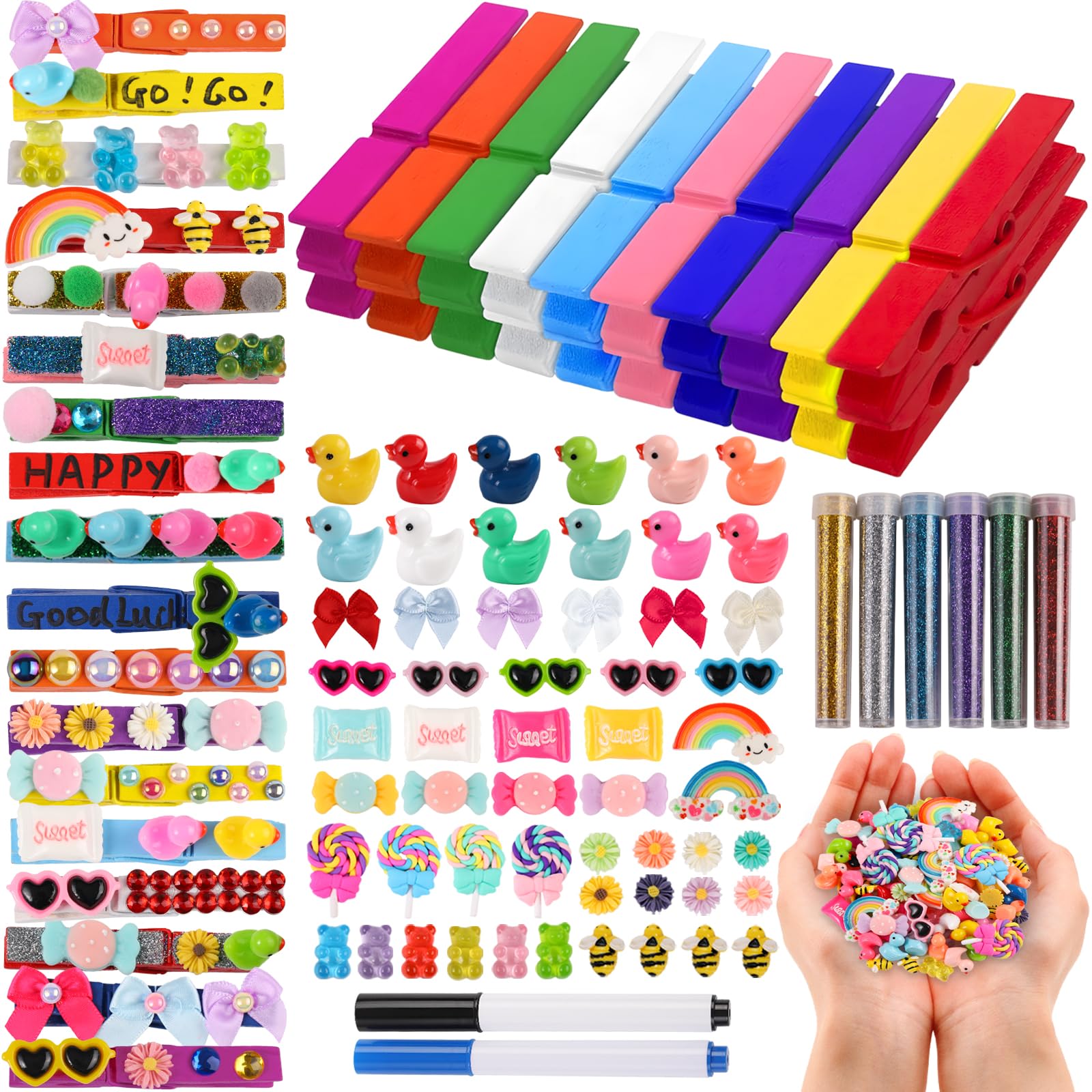 80Pcs Cheer Pins Spirit Clips Clothes Pins Wooden Cheer Pins for Backpacks Include 90Pcs Mini Resin Ducks Mini Bows Cheer Clothes Pins Decorations Ribbon Team Classroom Cheer Gifts Bulk（Colorful Wood）