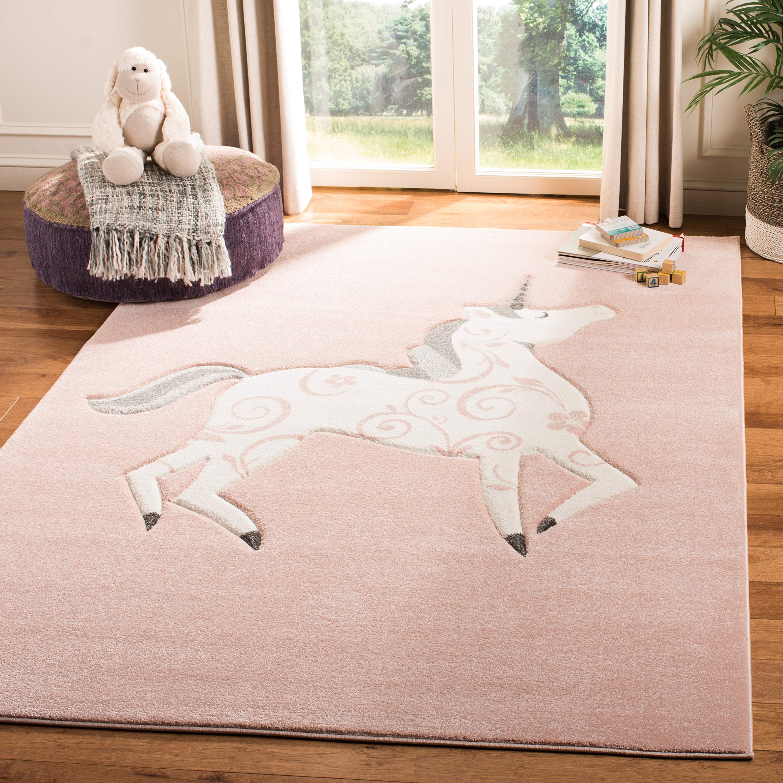 SAFAVIEH Carousel Kids Collection 3' Square Pink/Ivory CRK163P Unicorn Non-Shedding Nursery Playroom Area Rug