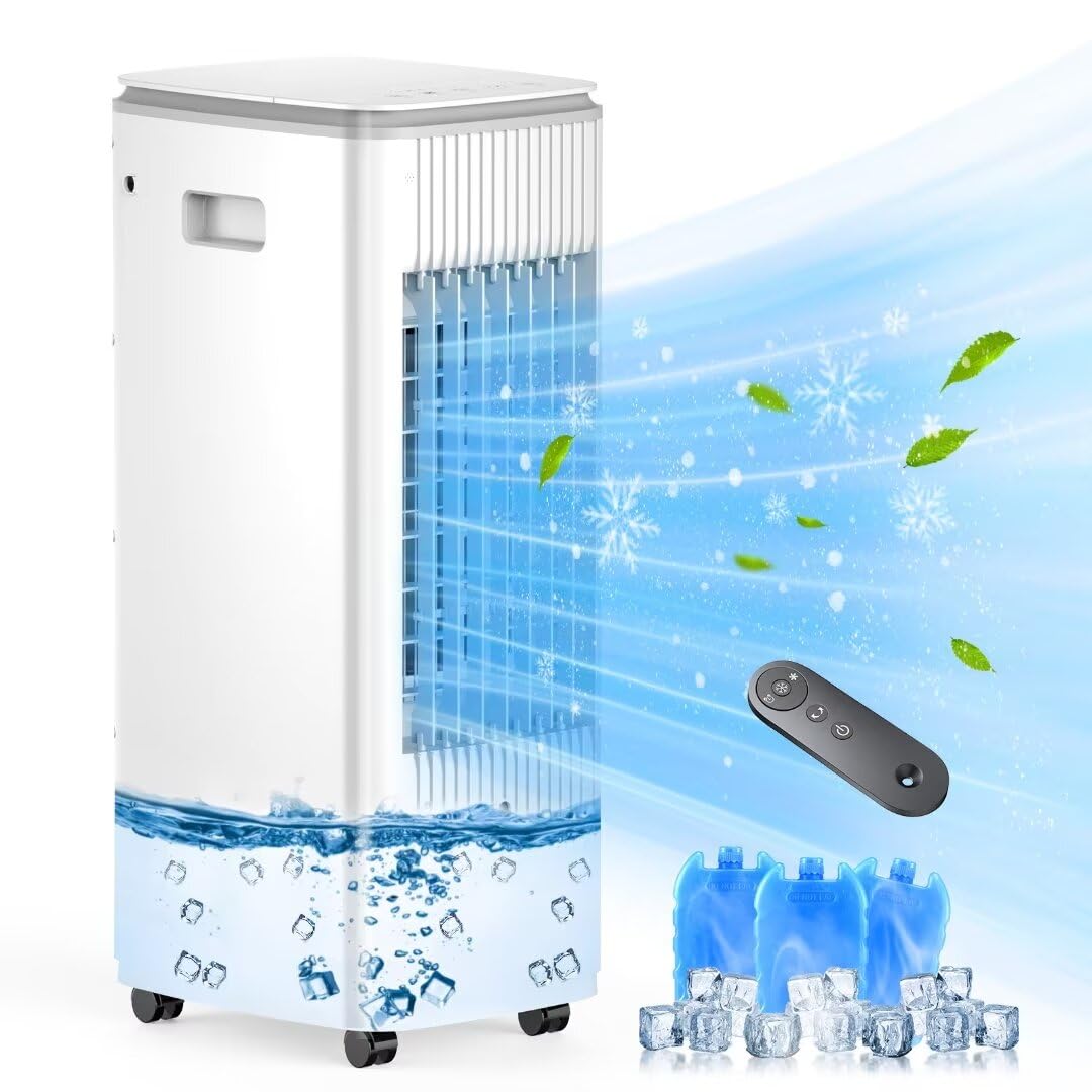 Portable Air Conditioner Evaporative Cooler Ac Unit,BEBEGINE Swamp Cooling Fan Without Hose,3-IN-1 Windowless Ventless for Room Offices,Remote,3 Speed,Water Tank,3 Ice Pack Large
