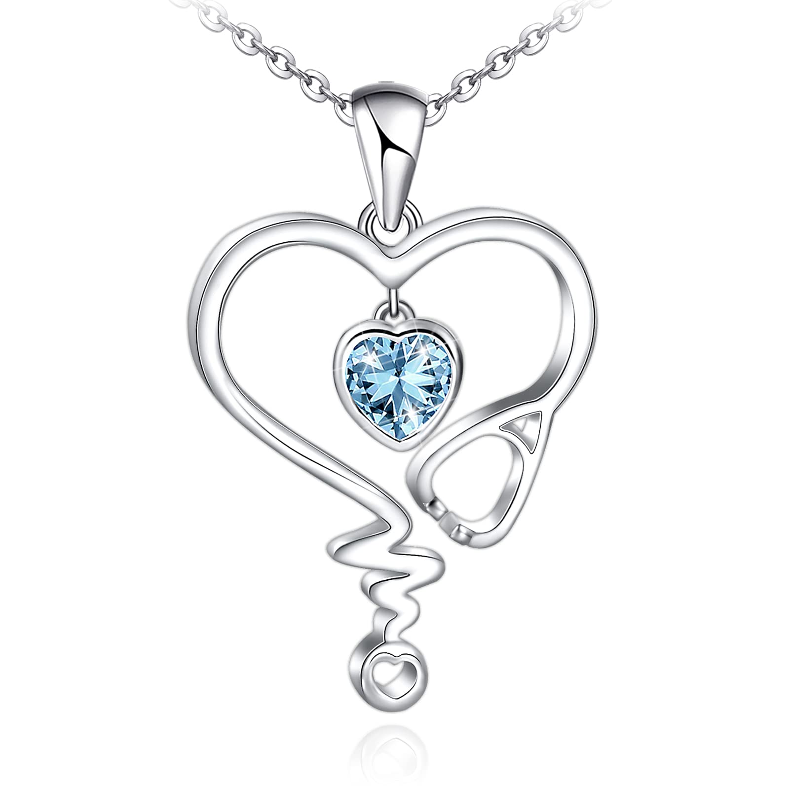 CHOKER Nurse Necklace for Women 925 Sterling Silver Stethoscope Heartbeat Necklace Jewelry Gifts for Nurse Graduation Medical Student Doctor-March Birthstone