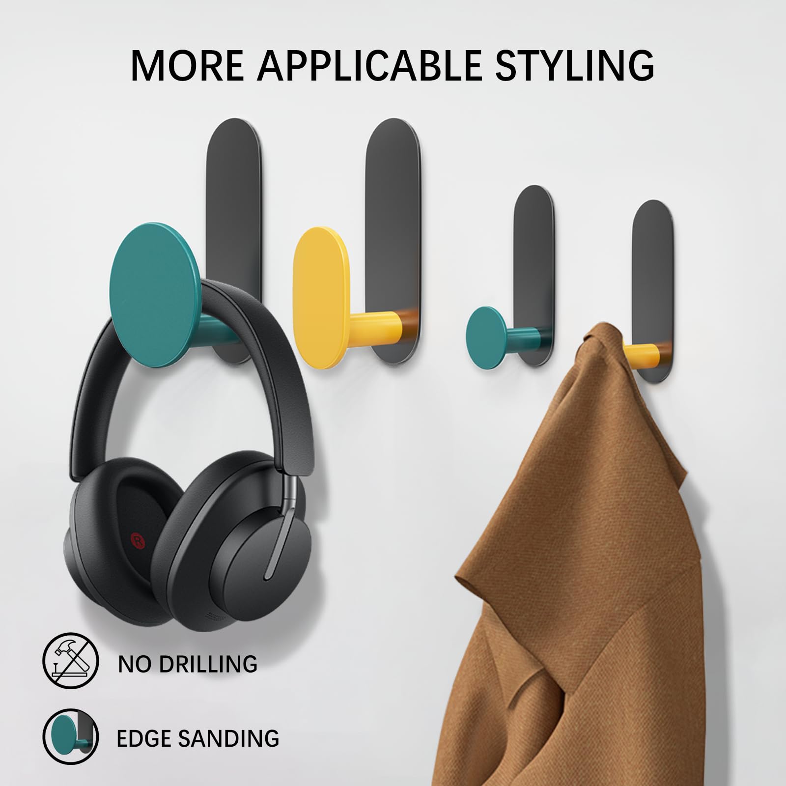 Adhesive Towel Hooks – Strong, No-Drill Hanging Coat Hooks perfect for holding robes, sponges, and loofahs in bathrooms, kitchens, and homes; brushed carbon steel with robust adhesive - 4-Pack.