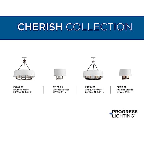 Cherish Collection 6-Light White Linen Shade Coastal Chandelier Light Brushed Nickel