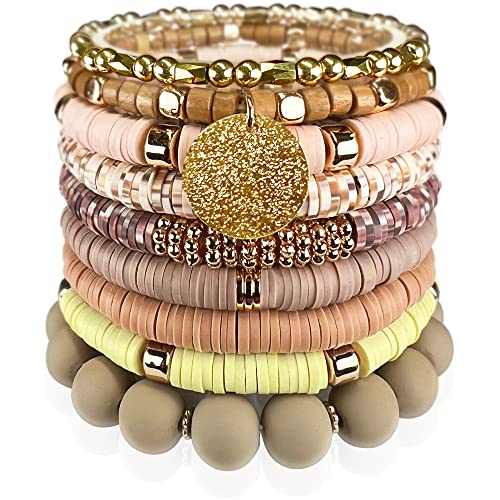 CATCHY & CRAFTY Bracelet Heishi Stretch Stackable Layering Beaded Colorful Bracelets Women Boho Friendship Gift (Brown Multi 02)