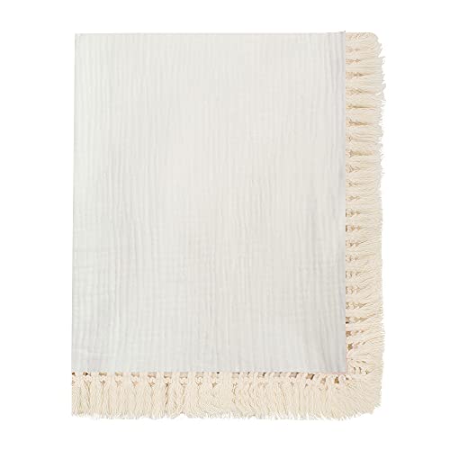 JH-YiSheng Cotton Muslin Baby Blanket with Tassel, Newborn Swaddle Wrap, Cotton Baby Receiving Blanket, Infant Sleeping Quilt Bed Cover, 43"x47" (White)