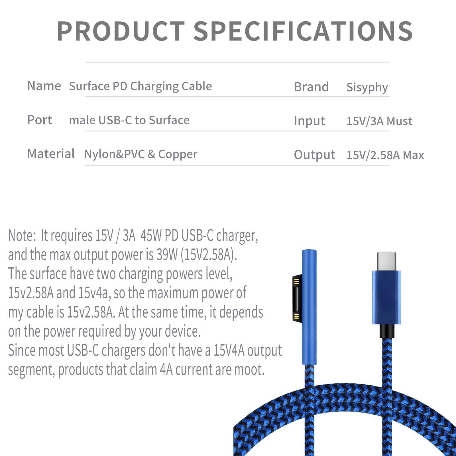 Sisyphy Nylon Braided Surface Connect to USB-C Charging Cable (6ft Blue), Requires 45W 15V/3A USB-C Charger PD Power Supply, Compatible with Microsoft Surface Pro7/6/5/4/3 Go 3/2/1 Laptop
