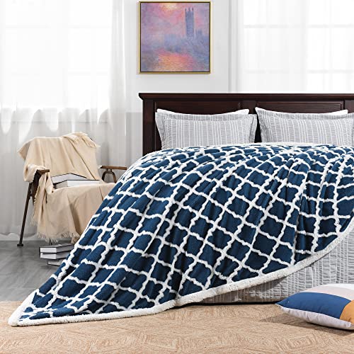 Basic Beyond Fleece Sherpa Throw Blanket - Soft Cozy Navy Blue Throw Blanket with 3D Jacquard Design for Couch,Bed,Travel,Camping,Navy Blue,50"x60"