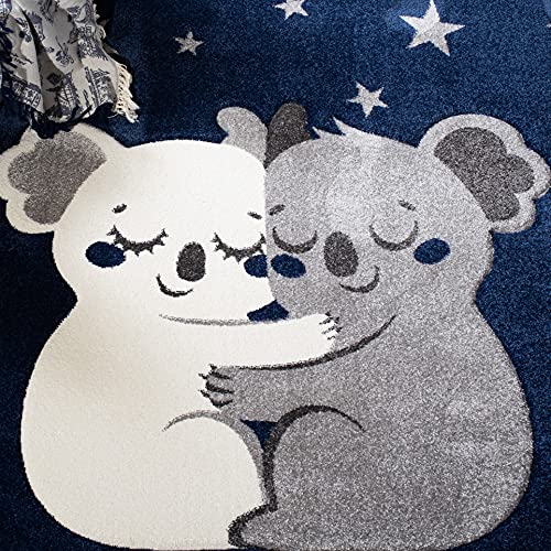 SAFAVIEH Carousel Kids Collection 5'3" Square Navy/Grey CRK195N Koala Hug Non-Shedding Nursery Playroom Area Rug