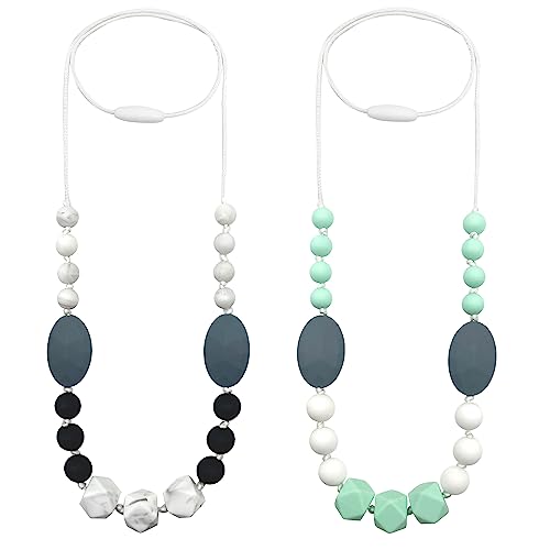 Baby Teething Necklace for Mom to Wear, 2 Pack Silicone Chew Necklaces for Sensory Kids, Baby Nursing Necklaces Teether Toys for Boys, Girls, Toddler to Reduces Anxiety