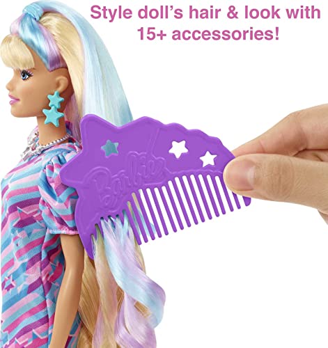Barbie Totally Hair Doll, Star-Themed with 8.5-Inch Fantasy Hair & 15 Styling Accessories (8 with Color-Change Feature)