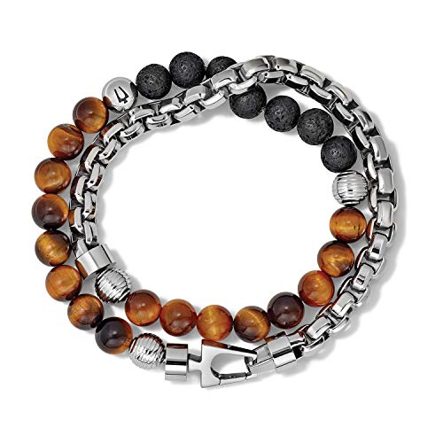 Bulova Jewelry Men's Classic Double-Wrap Box Chain and Beaded Bracelet with Tuning Fork Closure