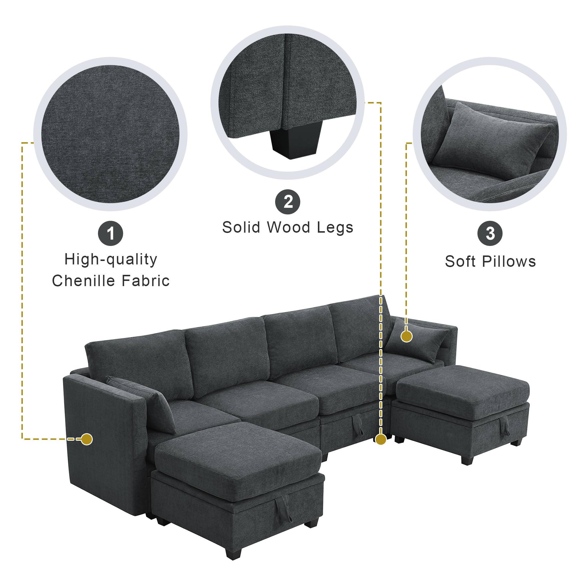 Bellemave U Shape Sectional Sofa Oversize Modular Sofa Couch with Adjustable Armrests and Backrests, Upholstery Convertible Sofa 6 Seat Reversible Sofa with Storage Seats for Living Room (Grey)