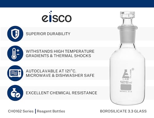 EISCO Reagent Bottle, 2000ml, 34/35 Interchangeable Hexagonal Hollow Stopper - Narrow Mouth - Borosilicate Glass Labs