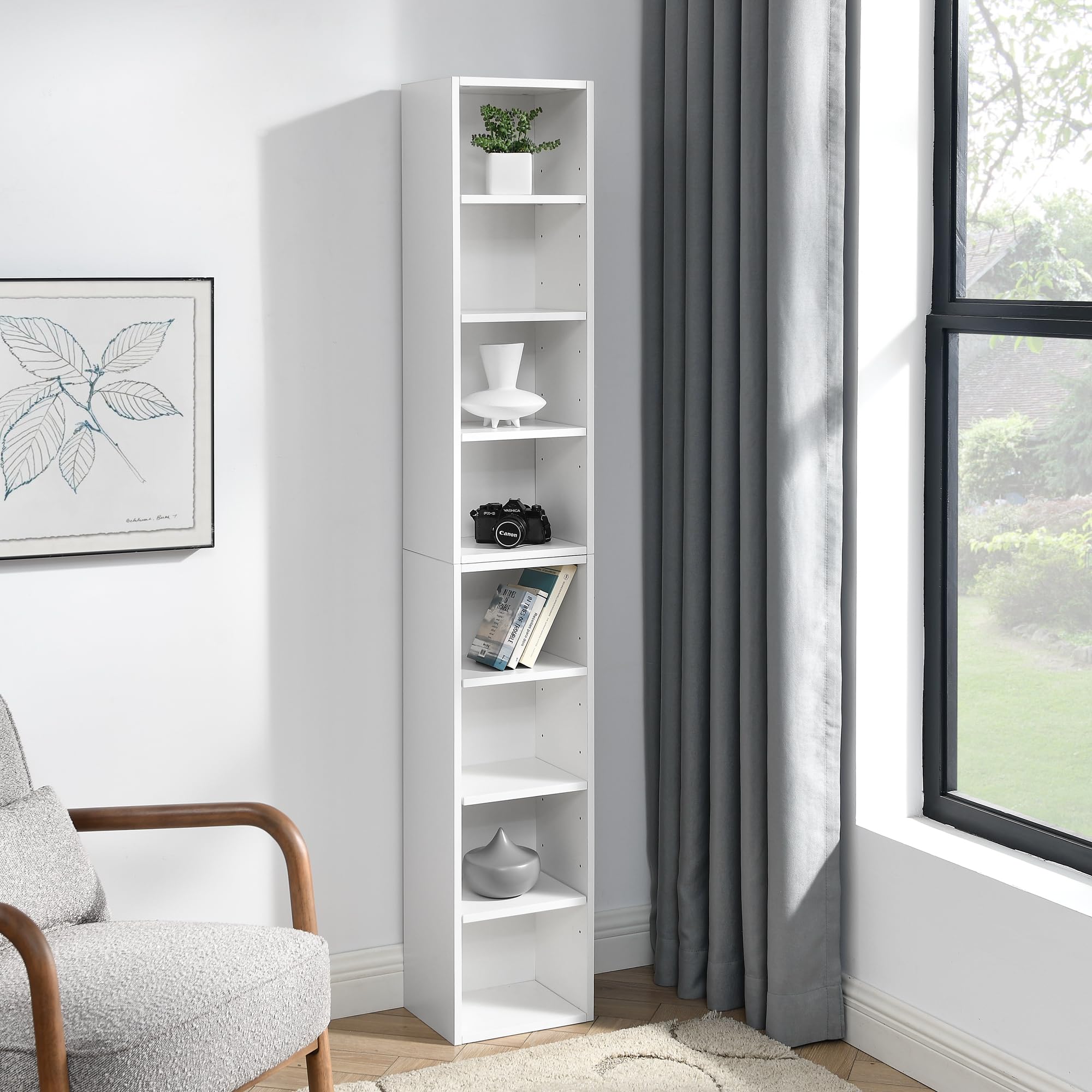 SEHAONOHOME 8-Tier Media Tower Rack, CD DVD Slim Storage Cabinet with Adjustable Shelves, Multi Functional Tall Narrow Bookcase Display Bookshelf for Home Office, White