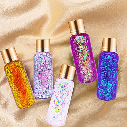 Body Face Glitter Gel SUPGIFT 5 Colors 7.8oz Holographic Chunky Chameleon Liquid Glitter Sequins Glue for Makeup Eyeshadow Hair Nail Slime Craft Resin with Spoon