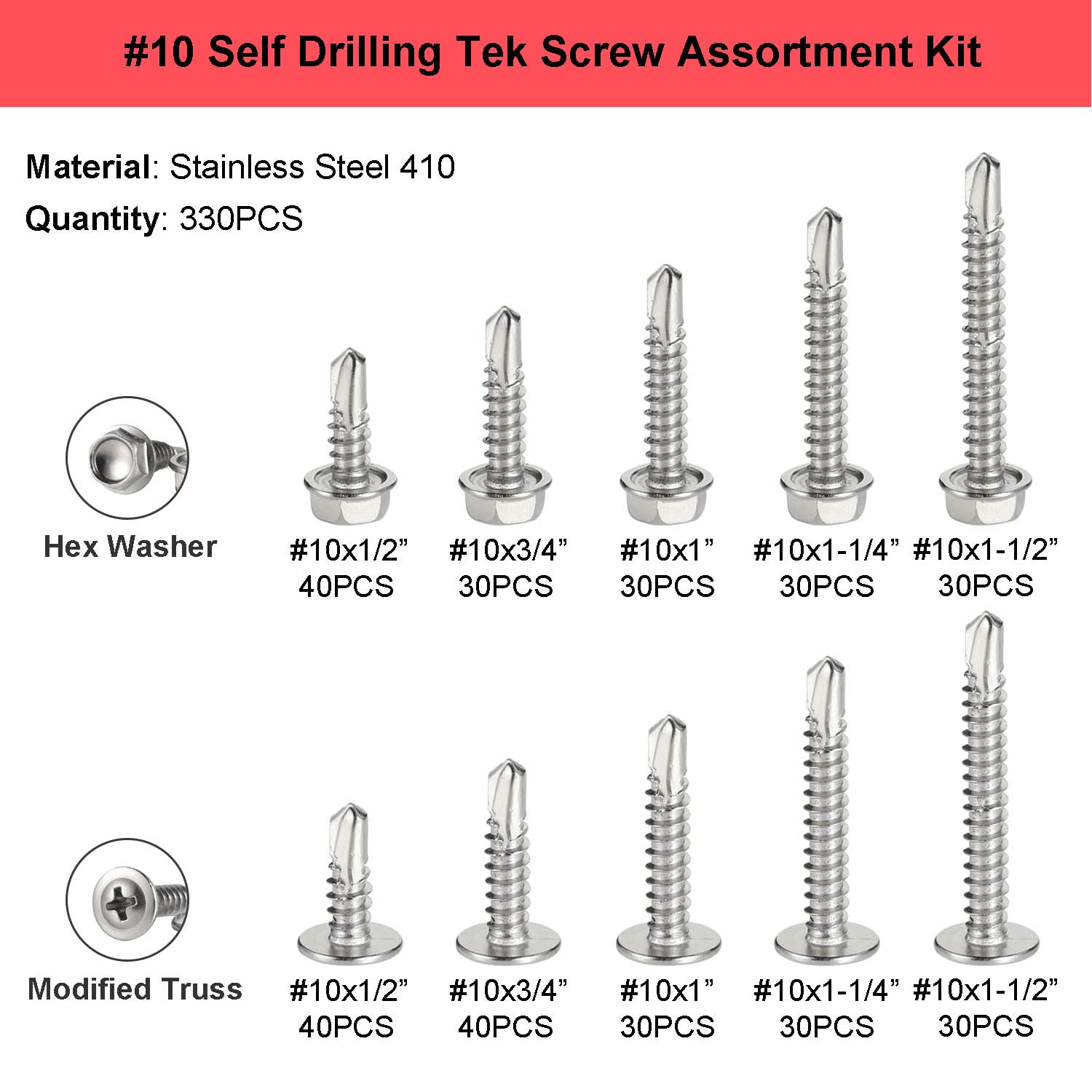 330PCS #10 Self Drilling TEK Screw Assortment Kit, Hex Washer & Modified Truss Head Self Tapping Screws for Metal, 410 Stainless Steel Screws, Length 1/2" to 1-1/2"