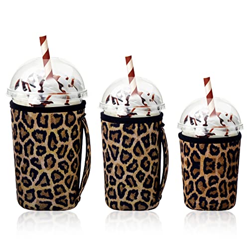 Abeillo 3 Pack Reusable Iced Coffee Sleeves 16-32oz Insulator Sleeves with Handle for Cold Drinks Beverages Drink Sleeve Holder for Popular Brands Coffee Cup (Leopard)