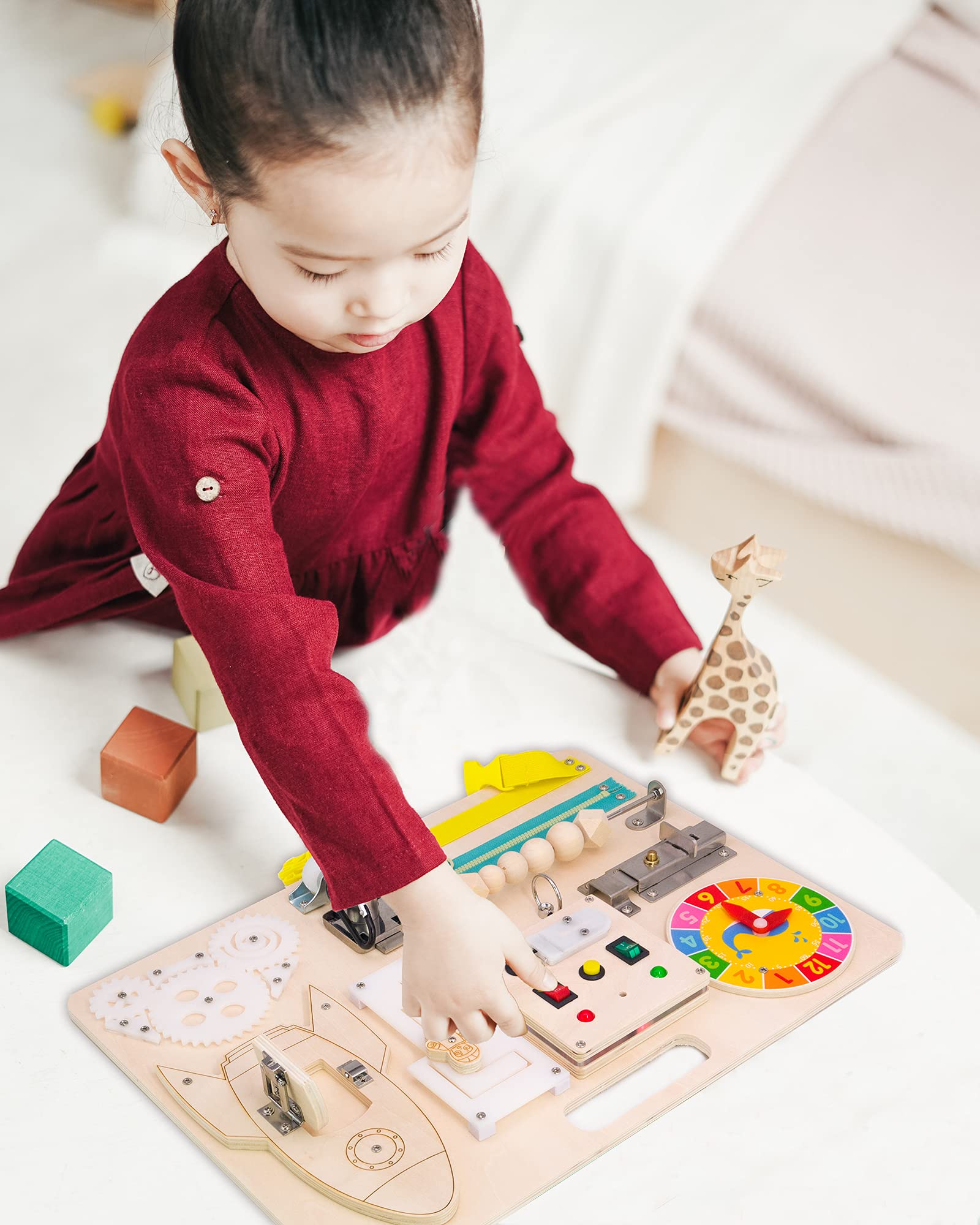 Blevla Busy Board for Toddlers 1-3 Wooden Sensory Board Baby Activity Board Montessori Busy Board Light Switch Toy Kid's Educational Toys