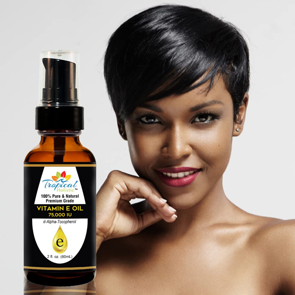 Tropical Holistic Vitamin E Oil, 100% Pure Max Strength 75,000 IU Vitamin E, Antioxidant Rich Skincare Oil for Face, Hair, Body & Nails, 2 oz