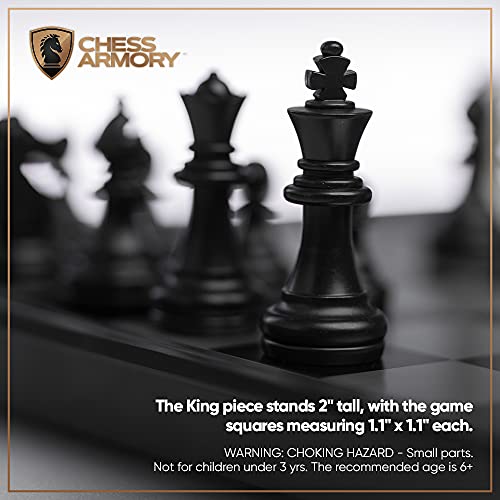 Chess Armory Travel Set 9.5" x 9.5"- Mini for Kids with Folding Magnetic Board Storage Box, & 2 Extra Queen Pieces - Portable Game