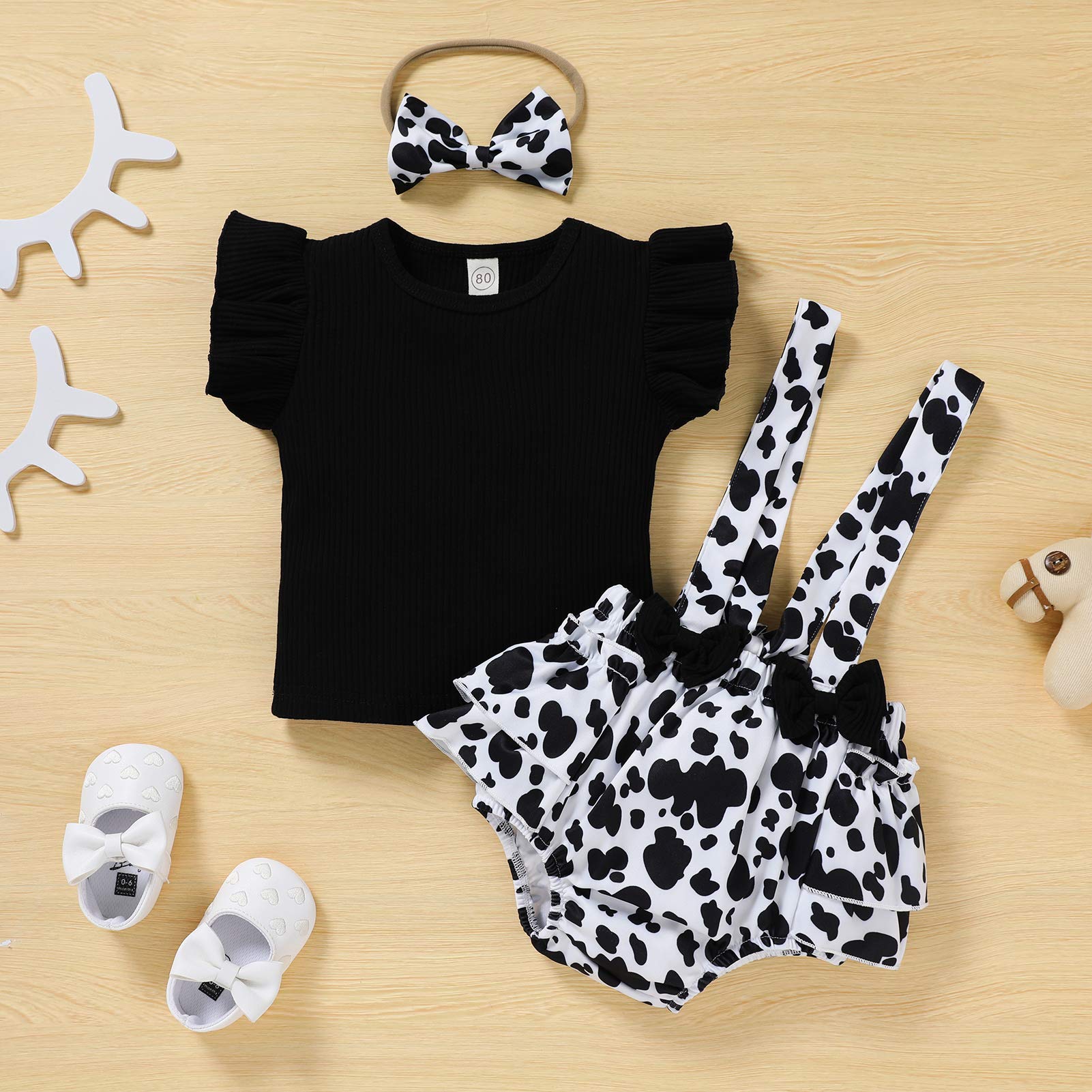 ZOELNIC Baby Girls Summer Clothes Knit Short Sleeve Top Bowknot Suspender Cows Print Ruffle Bloomer Headband Outfit Sets (Black, 6-12 Months)