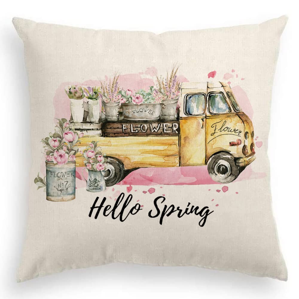 INSHERE Throw Pillow Covers Spring Decorations 18x18 Inch Set of 4,Fresh Flower Truck Garden Oil Painting Style Linen Pillowcase,Decoration for Sofa, Bedroom, Car (Spring 1)