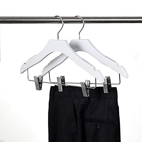 Quality White Wooden Kids Hanger Luxury Design Chrome Swivel Hook (5, 13" inch with Clips)