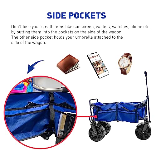 Beach Wagon Folding with Large Sand Wheels Heavy Duty Collapsible Cart with Patent Pending Beach Chair Holder Great for Ocean, Camping and Fishing β Solid Blue Color