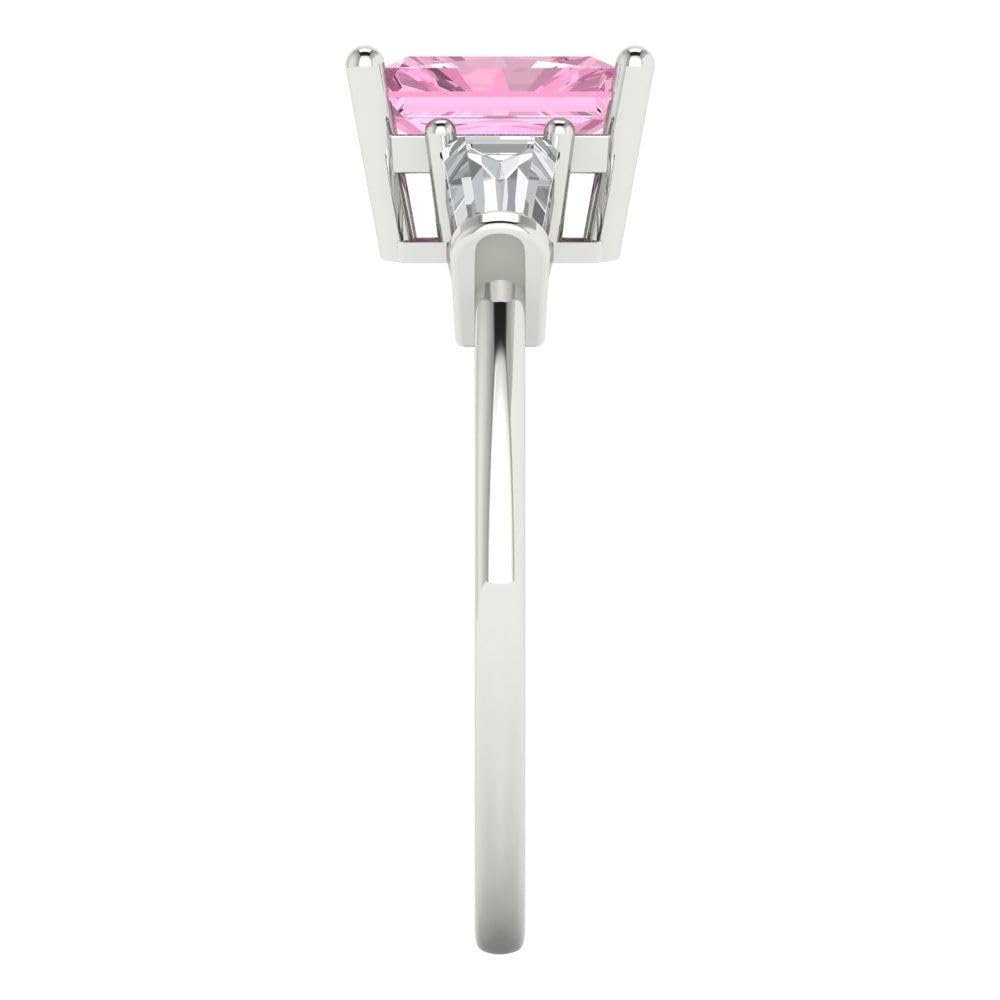 2ct Emerald cut 3 stone Solitaire Pink Simulated Diamond Designer Anniversary Bridal Engagement Ring 14k White Gold 4.25