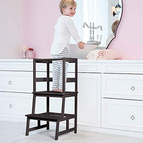 Costzon Kids Kitchen Step Stool with Safety Rail, Toddler Kitchen Stool w/Solid Bamboo Construction, Child Stand Helper for Kitchen Bathroom Living Room, Perfect for Toddler from 18-36 Months (Brown)