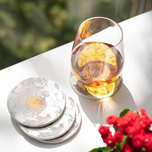 Harry Potter Coasters, Set of 4 Marauders Map Ceramic Coaster Set – Protect Tables from Drink Cups and Glasses – Perfect Harry Potter Gifts for Women and Men – White with Gold Plated Design