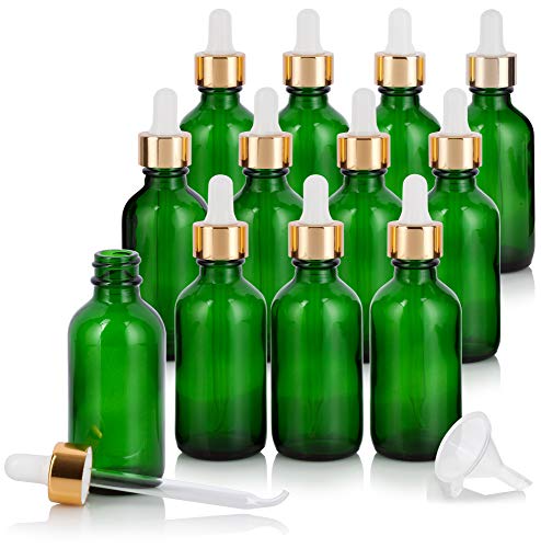 JUVITUS 2 oz / 60 ml Green Glass Boston Round Bottle Luxury Gold Metal Dropper (12 Pack) + Funnel