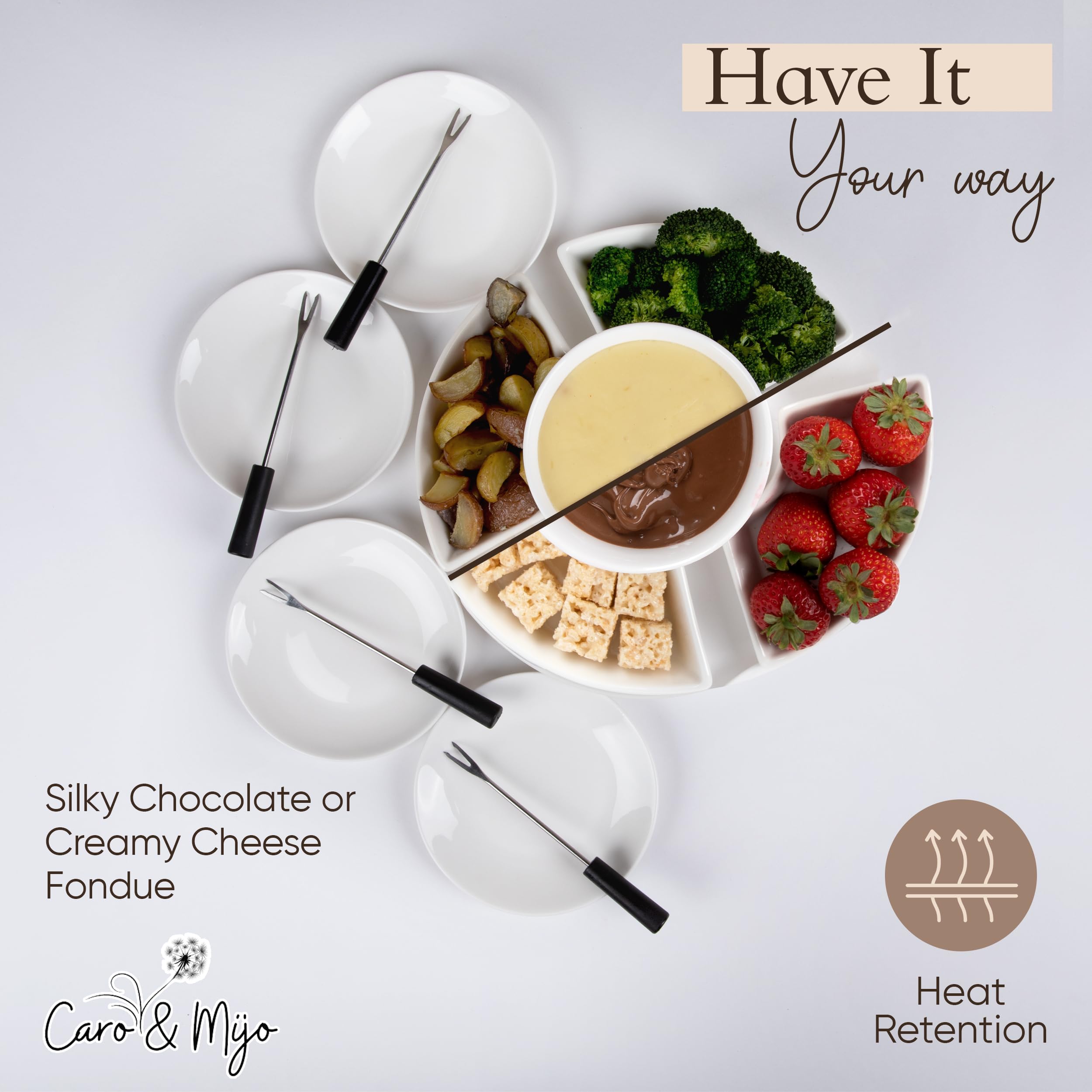 Fondue Pot Set – Family Friendly & Interactive Fondue Set w/Tea Light Heat Source - Quality Ceramic Pot for Any Dinner or Party Theme - Ideal Gift for Couples & Wedding Registry Must Haves