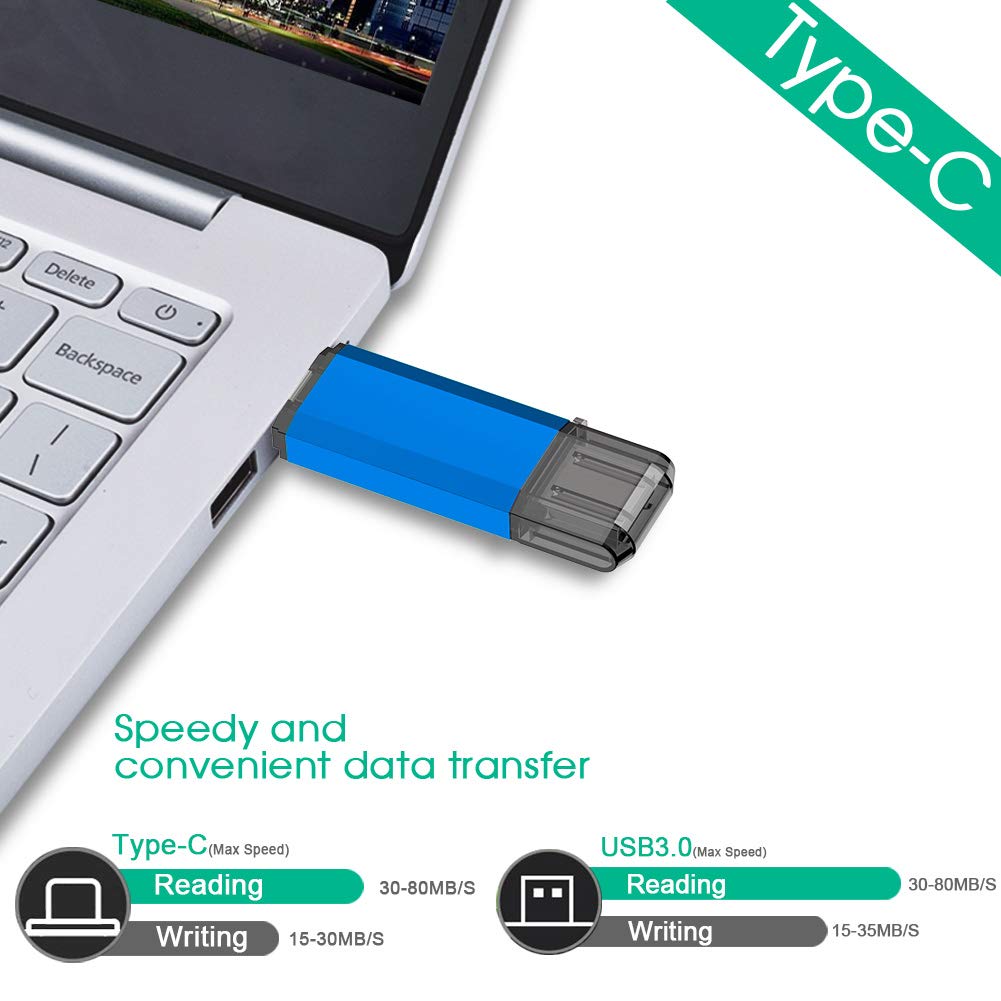 KALSAN 128GB USB Flash Drive, Type C Dual USB Disk(USB-A 3.0/Type C 3.0), High Speed 128GB Thumb Drive 128GB USB Pen Drive for Type C Smartphones, Tablets, PC, New MacBook-Blue
