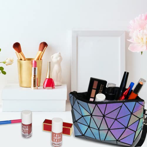 Tikea Makeup Pouch - Small Cosmetic Bag Travel Geometric Luminous Clutch Lattice Reflective Toiletry Beauty Bag Cosmetic Wristlets
