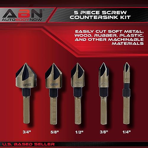 ABN Screw Countersink Kit 5-Piece SAE Drill Bit Set, 82-Degree, 1/4in Shank, 5 Flute β Metal, Wood, Rubber, Plastic