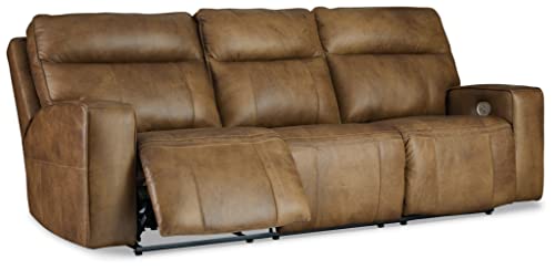 Signature Design by Ashley Game Plan Contemporary Tufted Leather Power Reclining Sofa with Adjustable Headrest, Light Brown