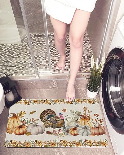 Bathroom Floor Shower Mat, Non-Slip Small Rugs - Easy to Clean, Harvest Turkey with Pumpkins and Sunflowers Maple Leaves Durable Bath Rug 16"x24" Washable Quick Dry Mats for Bathtubs