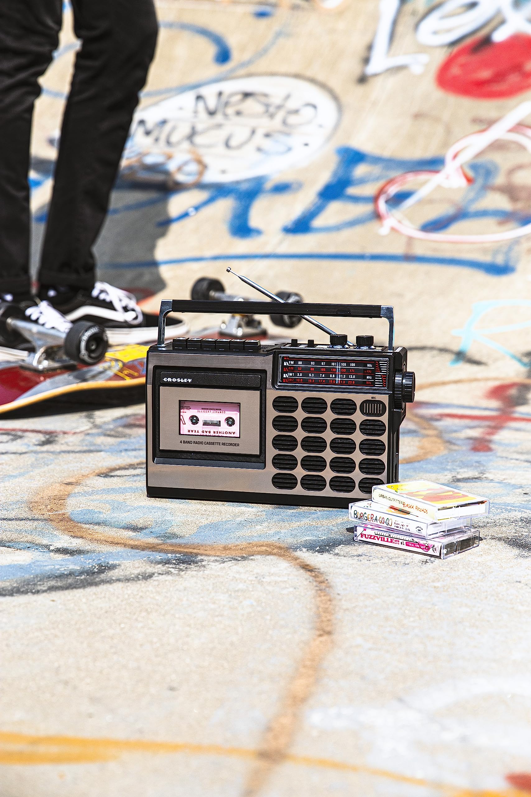 Crosley CT100B-SI Retro Portable Cassette Player with Bluetooth, AM/FM Radio, and Built-in Microphone, Silver