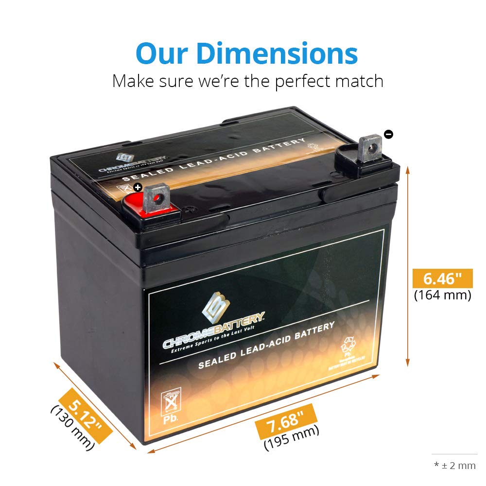 Chrome Battery 12V 35AH SLA Rechargeable Replacement Battery for Lawn Mower, UPS Back Up, and More: 7.68 x 5.12 x 6.46, Nut and Bolt (T3) Terminal