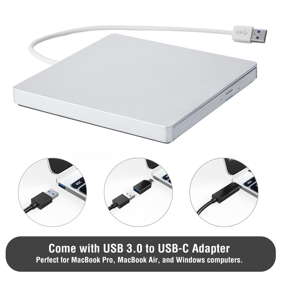 ROOFULL External CD/DVD Drive, CD Burner USB 3.0 Portable CD-ROM DVD+/-RW Disc Player Burner Reader Writer Optical Drive for Apple Mac MacBook Pro/Air, Windows 11/10 Laptop PC, Silver