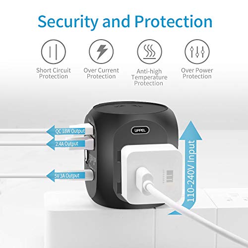 UPPEL Universal Travel Adapter Power Adapter All in One European Adapter Travel Converter with QC3.0&USB&Type-C Port Function Charger,Universal Plug Adapter Used in UK/US/EU AU/Asia(200 Countries)